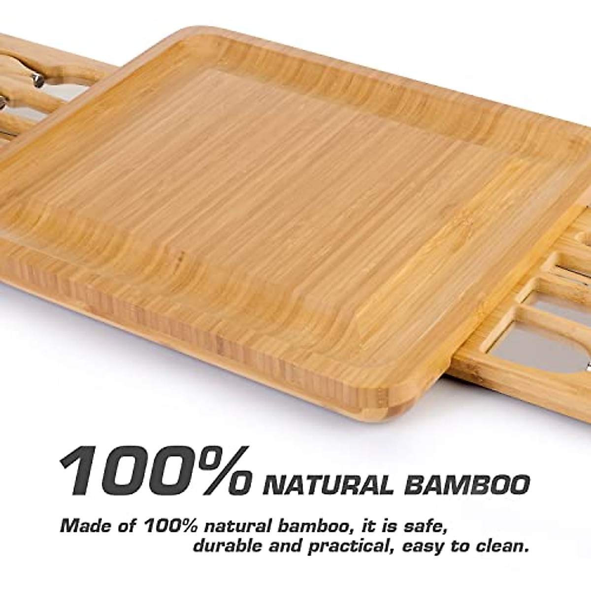 WoneNice Organic Large Bamboo Cheese Board and Knife Gift Set, 16x14 x 2 Charcuterie Board Set, Cheese Platter Wooden Serving Tray with Hidden Drawers, and 8 Stainless Steel Knives