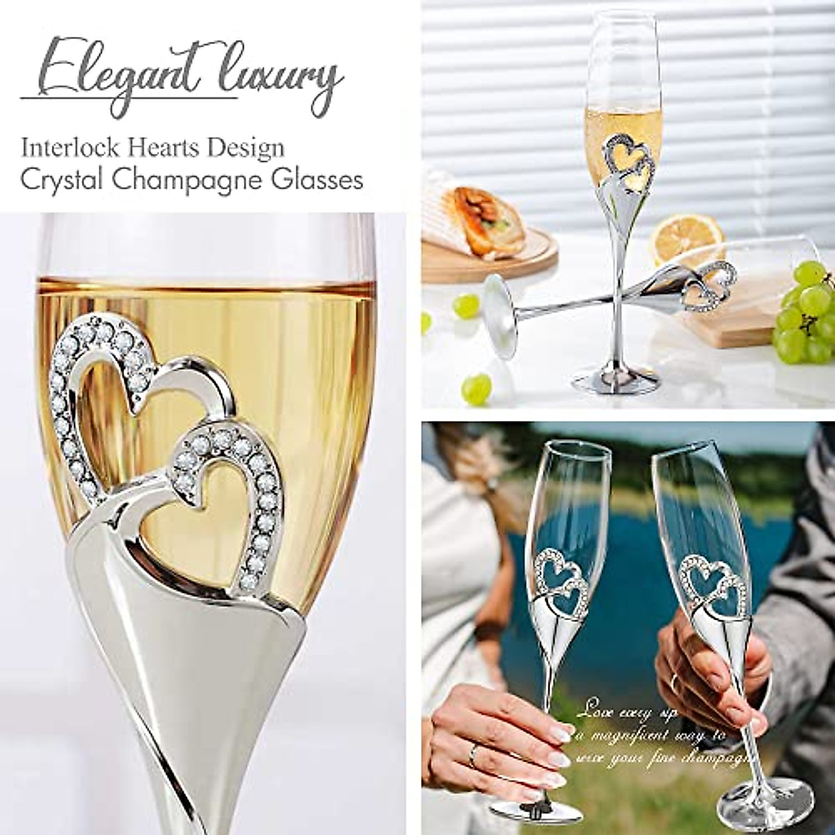 VARLKA Wedding Champagne Flutes and Cake Knife Server Set Wedding Gifts Toasting Glasses with Rhinestone Rimmed Hearts Decoration for Couple Bride and Groom, Cake Cutting Set of 4 for Wedding