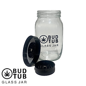 Glass Herb Storage Jar with Magnetic Herb Grinder INSIDE the lid. This Airtight, Smell Proof, Storage Container has an Added Seal to Keep the Scent Contained and Goods Fresh for Longer (Regular)