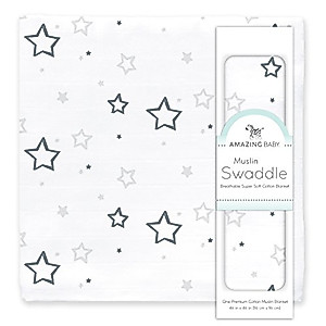 Amazing Baby Muslin Swaddle Blanket, Premium Cotton, Stars, Sterling