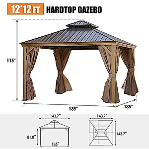 Goohome 12 x 12FT Hardtop Gazebo, Aluminum Frame Double Roof Canopy with Mosquito Net and Curtains, Outdoor Permanent Hard Top Waterproof Pergola for Shade and Rain for Lawn, Deck，Patio