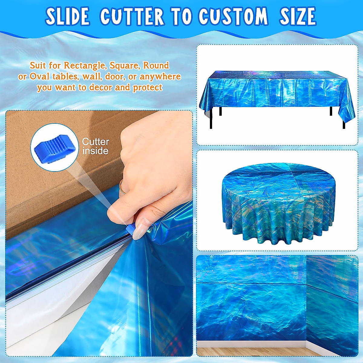 1 Roll 1200 Inch X 54 Inch Iridescent Under The Sea Tablecloth Ocean Wave Tablecloth Plastic Disposable Iridescent Table Covers Backdrop for Ocean Under The Sea Mermaid Pool Beach Party Decorations