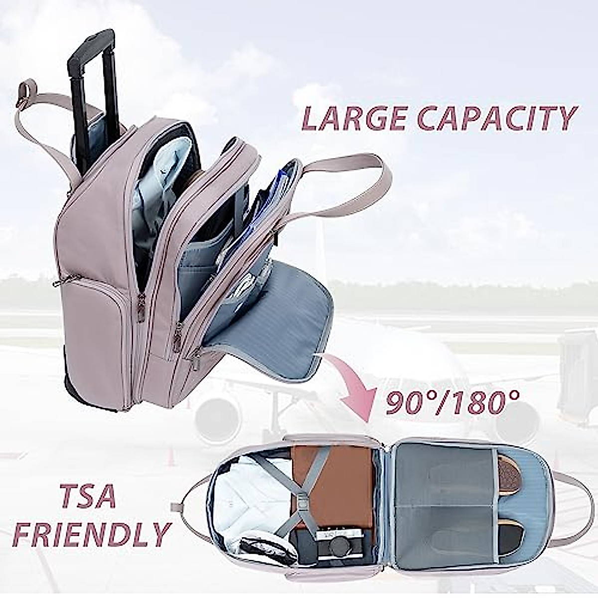 VANKEAN Carry On Underseat 16-inch Multi-functional Underseater Lightweight Overnight Suitcase with Wheels, Roller Case for Women Travel Business, Light Dusty Pink