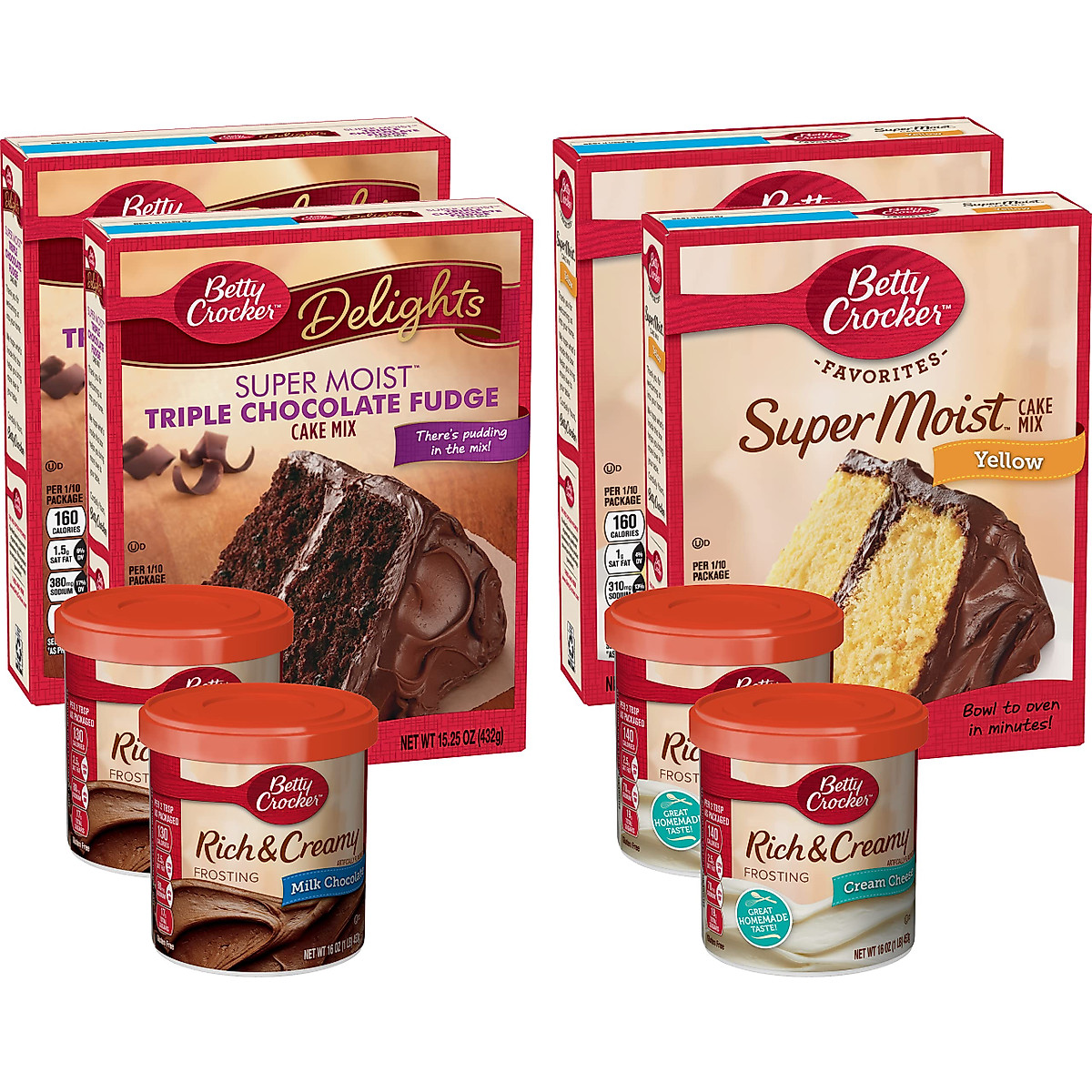 Betty Crocker Milk Chocolate Yellow Cake Mix and Cream Cheese Frosting, Variety Pack, 2 Count, Pack of 8