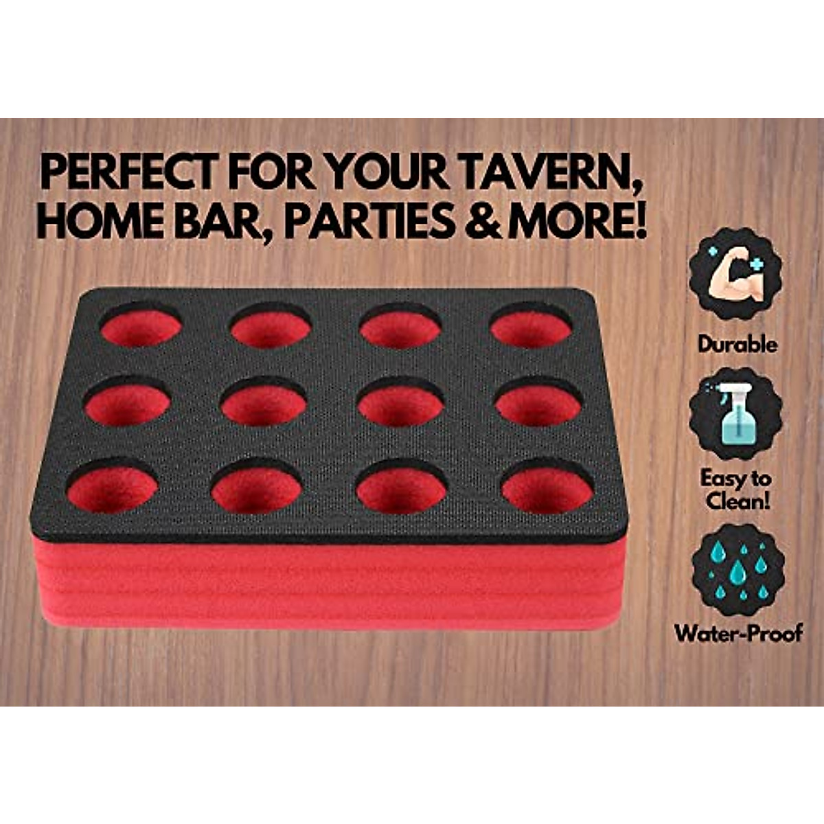 Polar Whale Shot Glass Holder Organizer Modern Tray for Home Kitchen Bar or Club Party Durable Red and Black Durable Foam Serving Rack 10 Inches Wide Holds 12 Shots