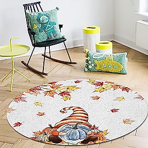 Large Round Area Rug for Living Room Bedroom, 3ft Non-Slip Rugs for Kids Room, Fall Thanksgiving Gnome with Pumpkin and Maple Leaves Washable Carpet Floor Mat for Home Nursery Room Decor