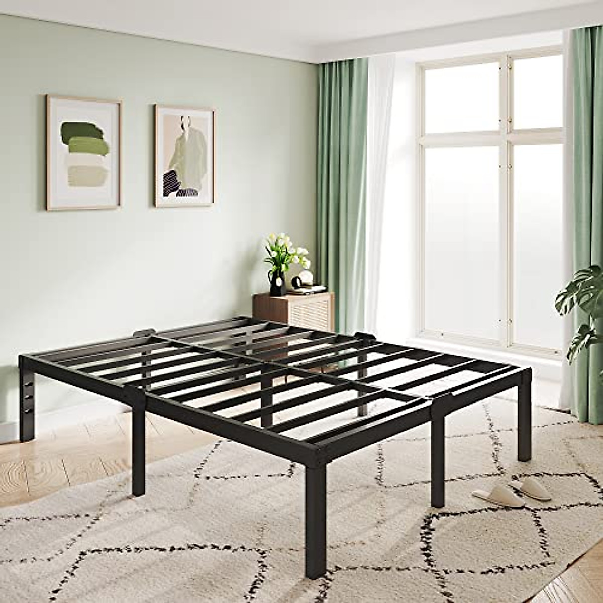 xtfei 18" Queen Bed Frame 3000 lbs Heavy Duty Platform with Sturdy and Durable Metal Slats No Box Spring Needed with Anti-Slip Baffle Ample Storage Noise-Free Black