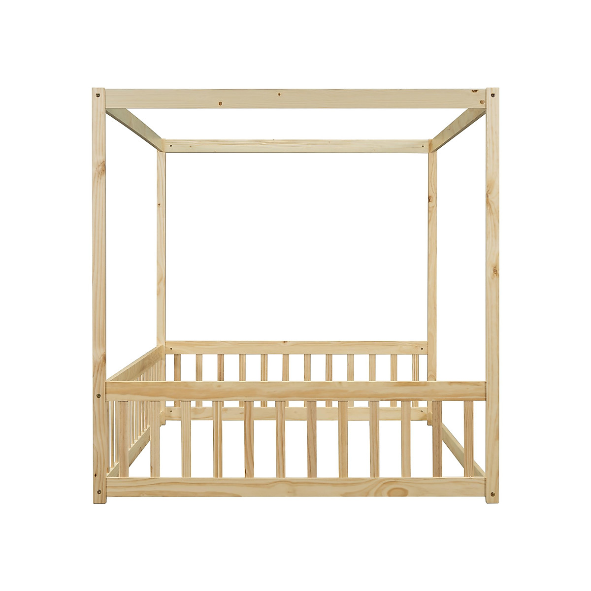 Full Size Canopy Bed Frame with Guardrails for Kids,Floor Bed Full with Four Poster Design,Kids Montessori Floor Bed,Wood Canopy Bed Frame for Girls,Boys(Full,Natural)