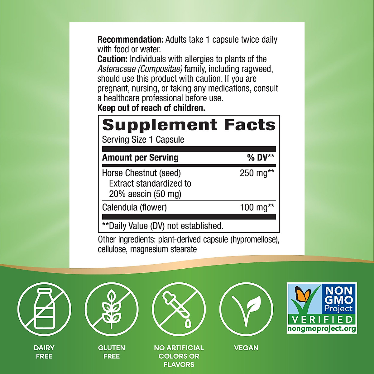 Nature's Way Standardized Horse Chestnut, Premium Extract, Promotes Healthy Leg Veins*, 250 mg per Serving, Vegan, 90 Capsules (Packaging May Vary)