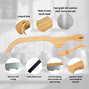 Bread Bow Knife with Wooden Handle, Serrated Blade Bread Slicer for Homemade Bread, 304 Stainless Steel Sourdough Bread Knife, Sourdough Bread Baking Supplies with Butter Spreader, 15 Inch