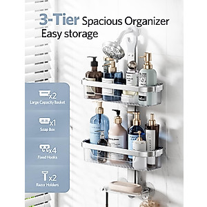 LAMU Adjustable-Shower-Caddy-Hanging, Rust Proof Shower Hanging Organizer, 3-Tier Aluminum Alloy + ABS, Large Capacity Shower Caddy Over-the-Showerhead with Hooks, Razor Holder, Soap Dish, Silver