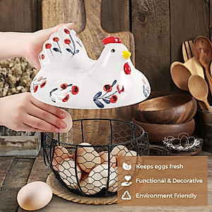 Flexzion Chicken Egg Basket - Wire Chicken Egg Basket with Ceramic Chicken Cover and Handles - Rustic Country Farmhouse Decor Countertop Egg Holder, Rustic Cherry