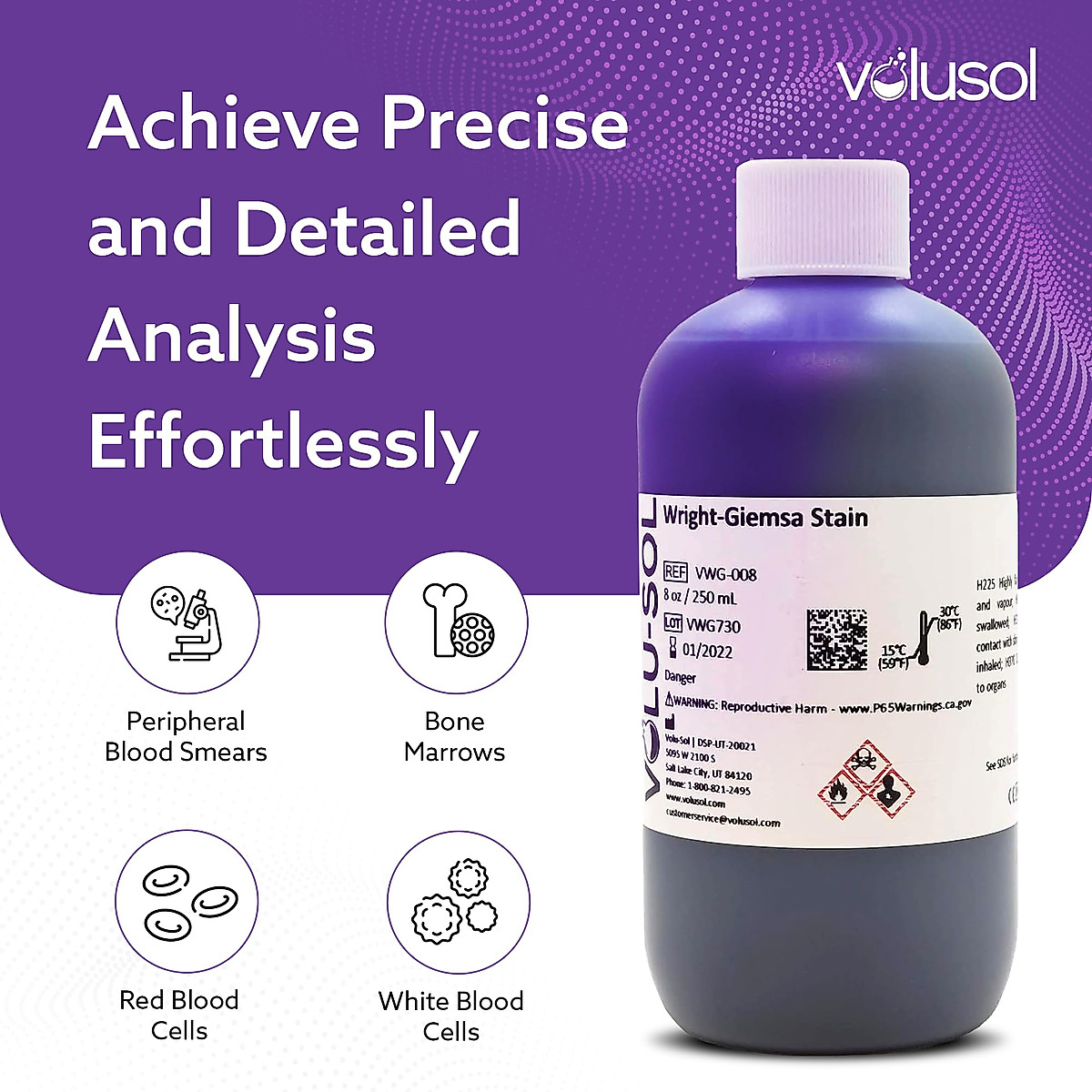 Volu Sol Wright-Giemsa Stain - Professional Hematology Stain for Blood Smears - Explore Cell Morphology and Conduct Differential WBC Counts with Precision (250 mL / 8 oz.)