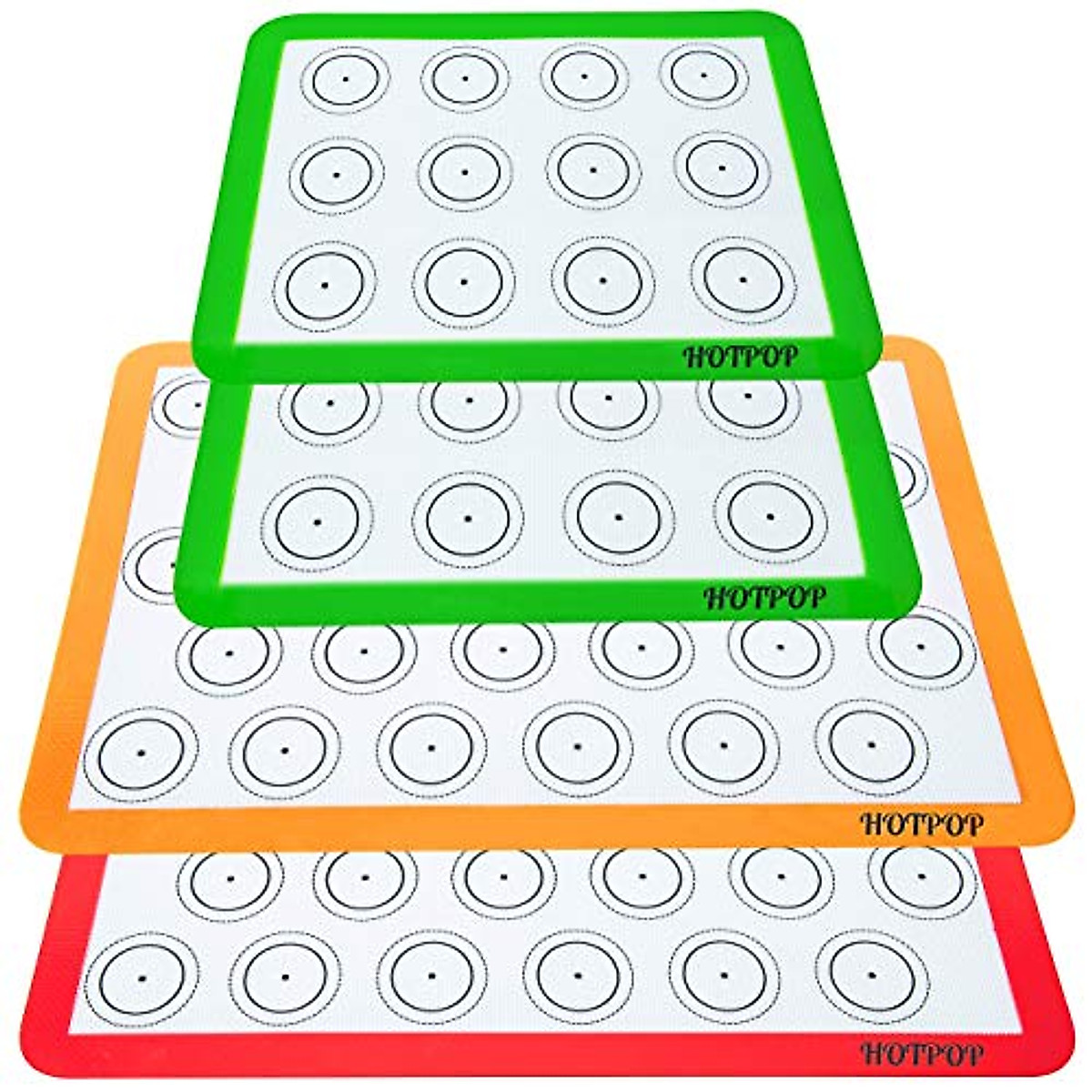 Hotpop Set of 4 Reusable Macaron Silicone Baking Mats 0.75mm (2 Half Sheets and 2 Quarter Sheets), Non Stick Silicone Liner for Bake Pans and Rolling for Macaron, Pastry, Cookie, Bun, Brioche, Bread
