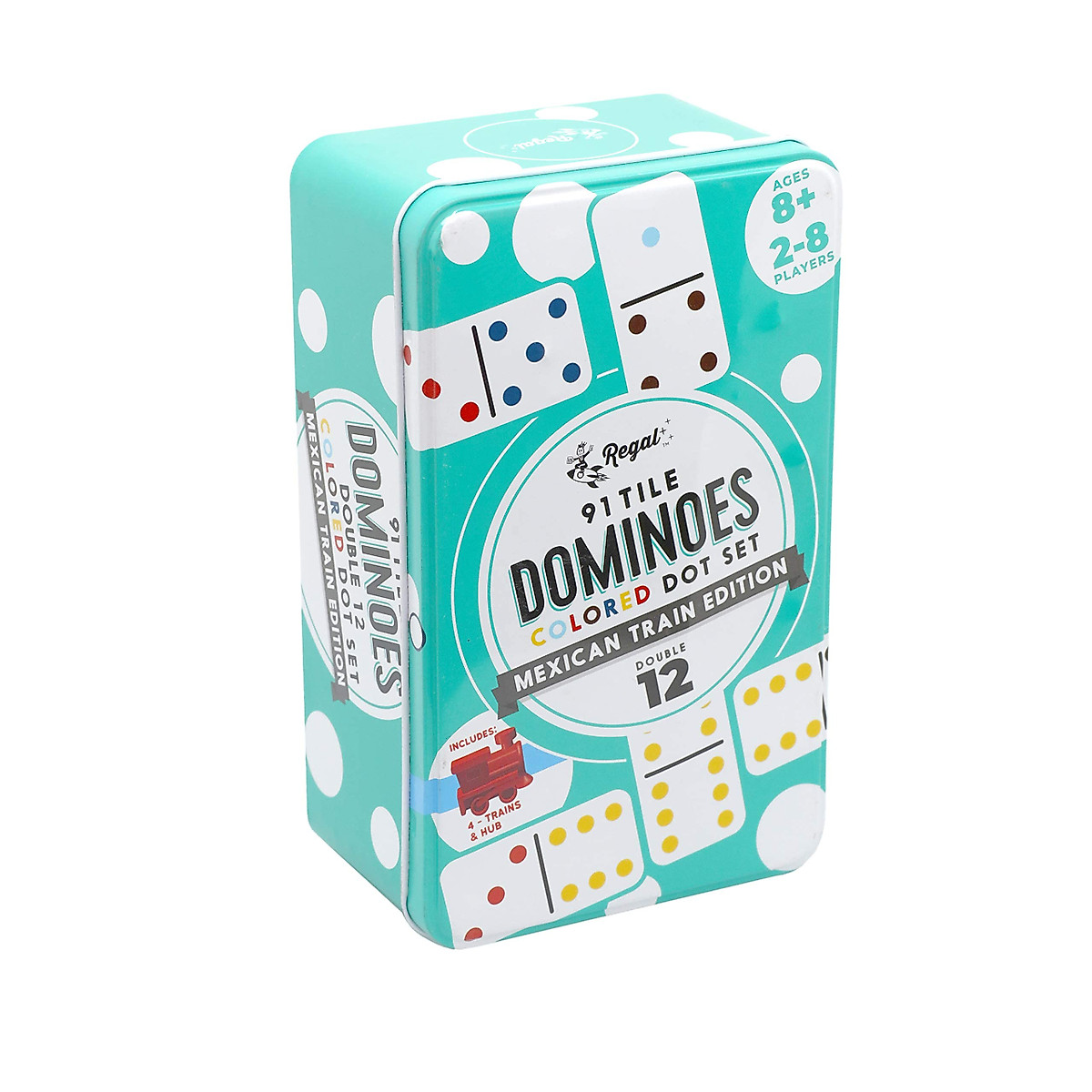 Regal Games â€“ Double 12 Dominoes â€“ Colored Dots Set â€“ Mexican Train Edition Set with, 91 Tiles, 4 Trains, Hub, & Collector's Tin - 2-8 Players Ages 8+ for Kids & Adults