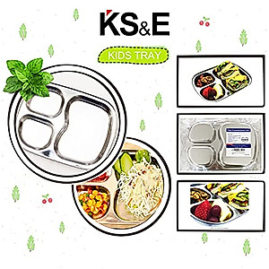 Korean Stainless Steel Divided Plates, Kids Toddlers Babies Tray, BPA Free, Diet Food Control, Camping Dishes, Compact Serving Platter, Dinner Snack, 3 Compartment Plate Silver, Set of 2