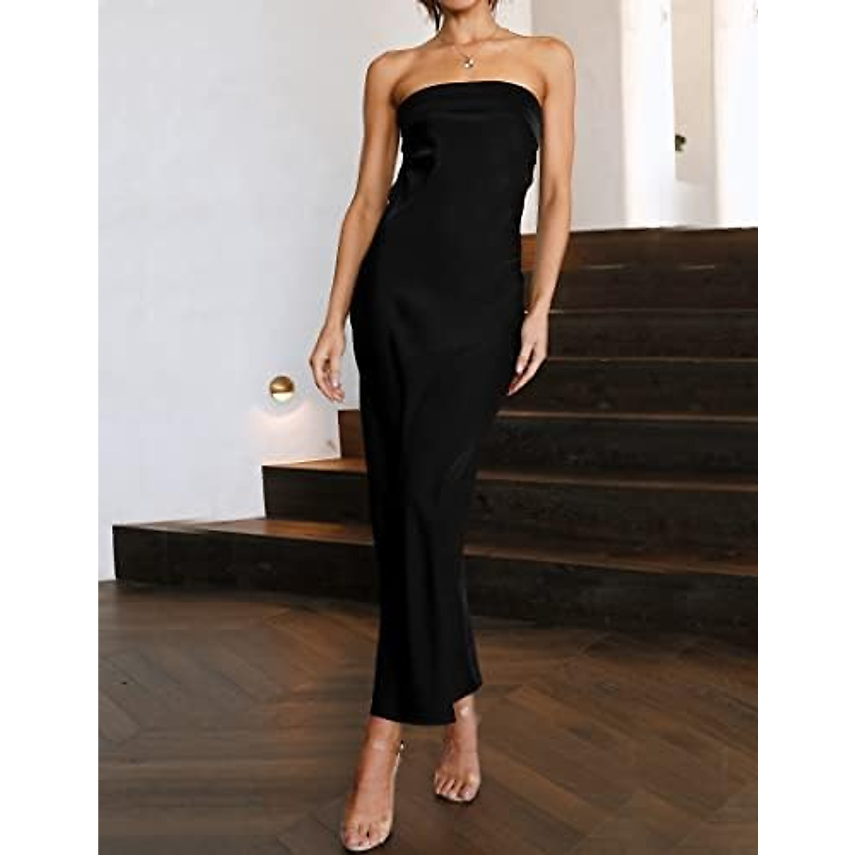 ZESICA Women's Sexy Satin Tube Top Cutout Slim Fit Silky Long Evening Prom Formal Long Dress,Black,Small