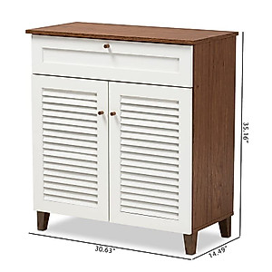 Baxton Studio Coolidge Modern and Contemporary White and Walnut Finished 4-Shelf Wood Shoe Storage Cabinet with Drawer