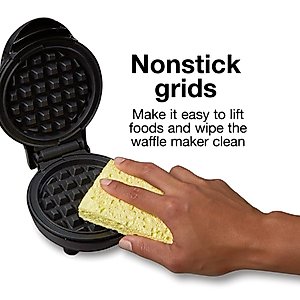 Proctor Silex Mini Waffle Maker Machine with 4” Round Non-stick Grids, Make Personalized Individual Breakfast Keto Chaffles and Hashbrowns, Compact, Black (26100)