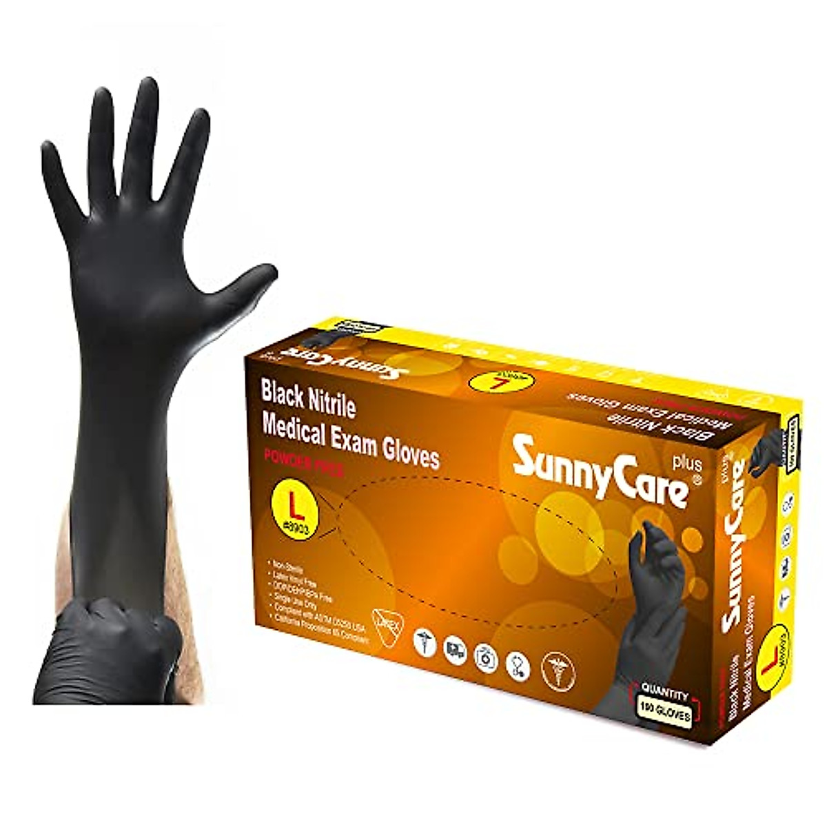 SunnyCare 5.0Mil Black Nitrile Medical Exam Gloves Powder Free Size: Large 100pcs/box