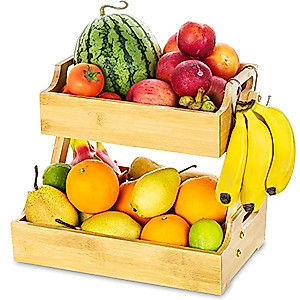 ETECHMART Bamboo Fruit Basket, 2 Tiers Fruit Bowl For Kitchen Counter, Large Capacity Detachable Vegetable Bread Storage Basket Banana Holder Stand