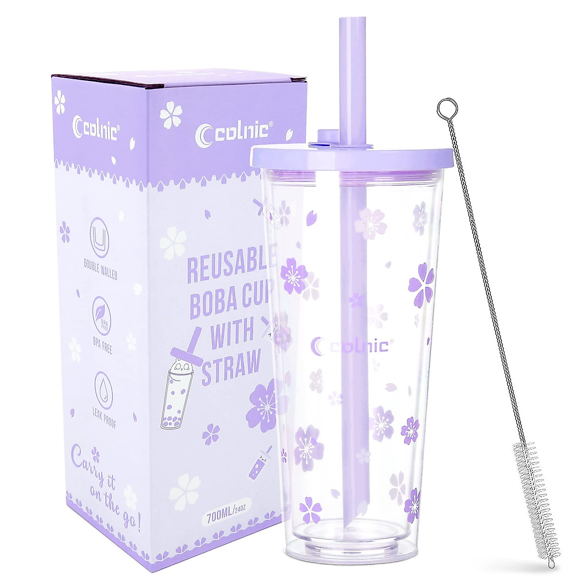 Colnic Reusable Boba Cup With Lids And Straws, 24OZ/700ml Smoothie Cups, Iced Coffee Cup, Leakproof Kawaii Cup, Bubble Tea Cup, Boba Cups With Boba Reusable Straw, Double Wall Tumbler (Purple)