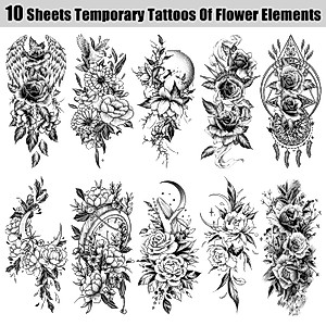 Cerlaza Large Temporary Tattoos for Women Girls, Flower Realistic Long Lasting Arm Half Sleeves Fake Tattoos for Adult, Tatuajes Temporales Women Waterproof Temporary Tattoos Stickers -10 Sheets