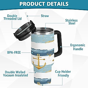 FRCSDIY Cartoon Ship Anchor Insulated Tumbler with Handle and Straw Lid,30oz Leakproof Stainless Steel Cup BPA-Free Water Bottle