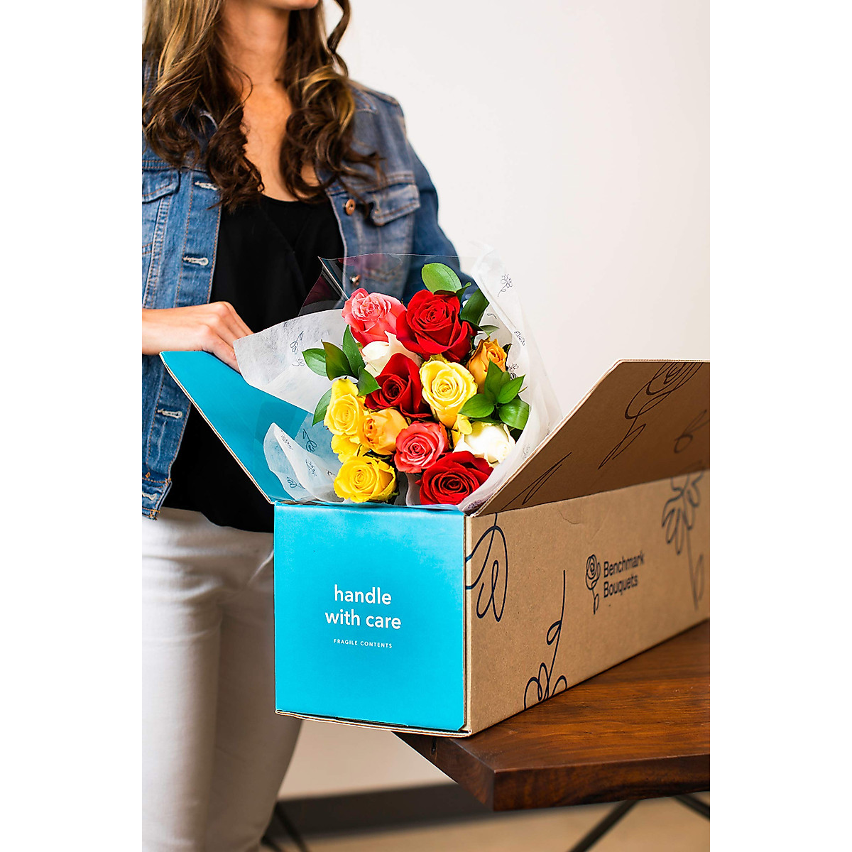 BENCHMARK BOUQUETS - 12 Stem Rainbow Roses (Glass Vase Included), Next-Day Delivery, Gift Fresh Flowers for Birthday, Anniversary, Get Well, Sympathy, Graduation, Congratulations, Thank You