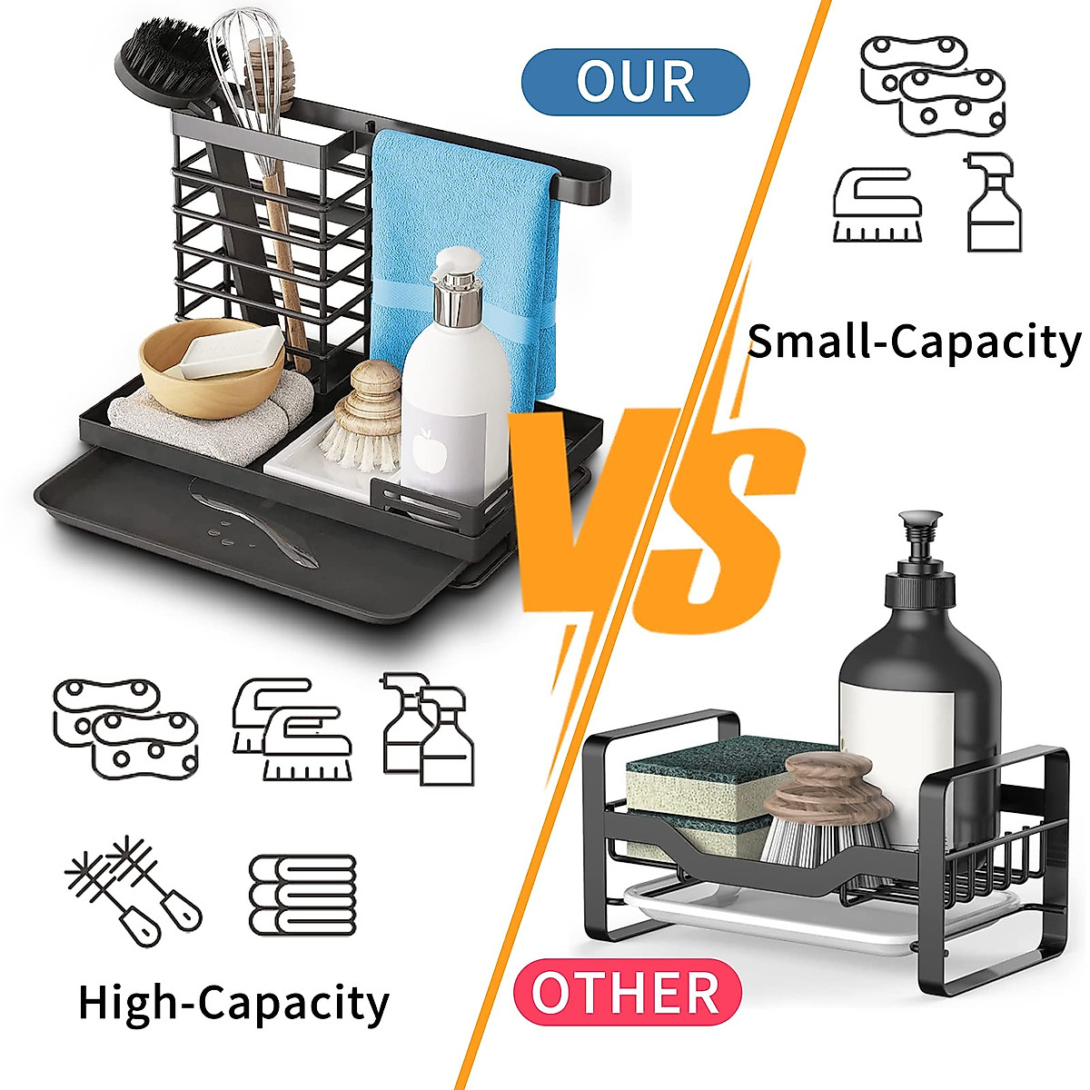 ROMINVIC Sink Caddy Organizer,Kitchen Caddy for Sponge Dishcloth Brush Holder with Black Drain Tray and 2 Sponge Holders 304 Stainless Steel Rustproof