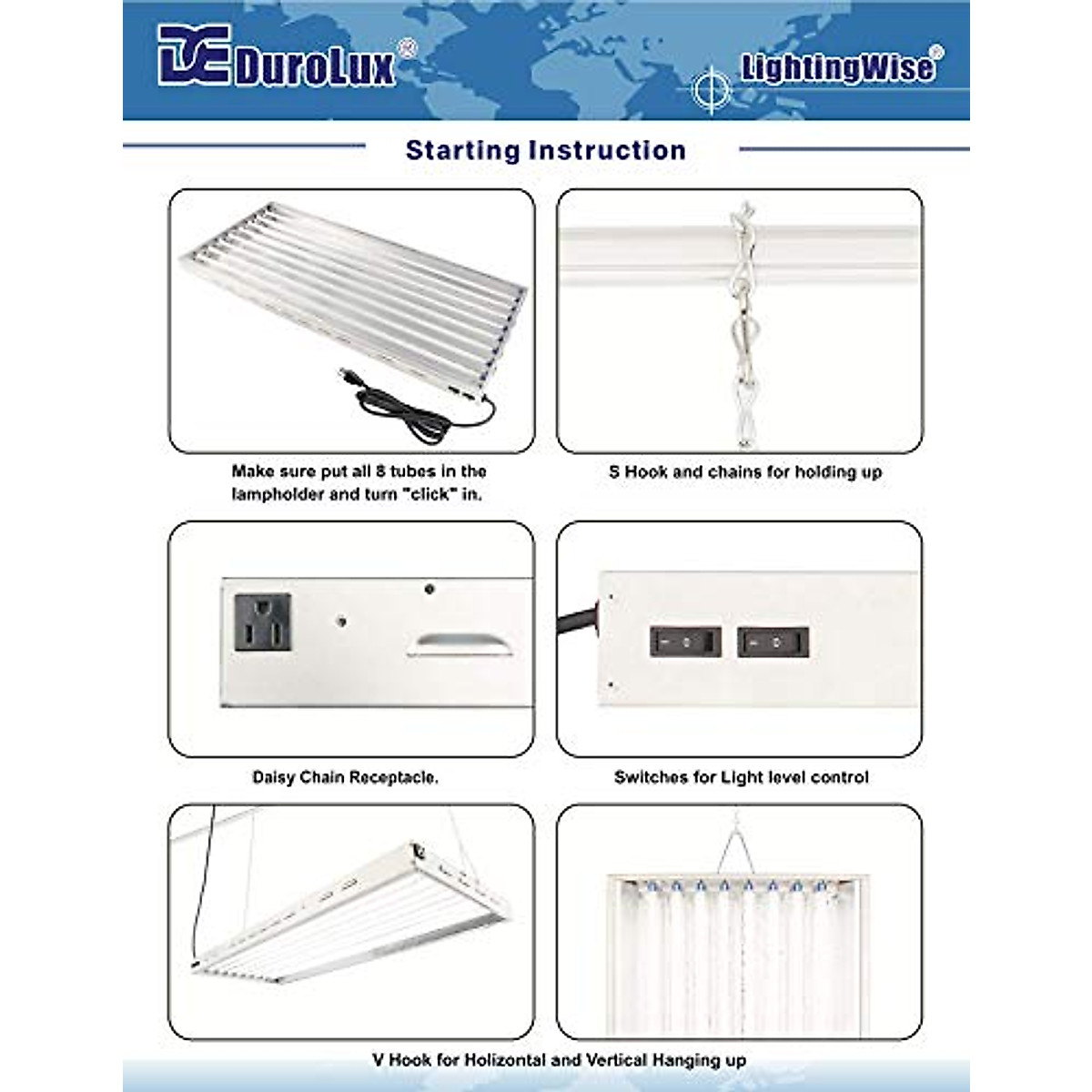 T5 HO Grow Light - 4 FT 8 Lamps - DL8048 Fluorescent Hydroponic Indoor Fixture Bloom Veg Daisy Chain