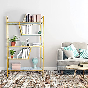 SIMFLAG 5-Tier Bookshelf Adjustable Bookcase with Retro Wood and Metal, Modern Tall Bookshelf for Bedroom, Display Gold Bookshleves for Home, Office, Living Room, Study Room