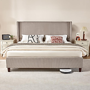 VanAcc Queen Size Platform Bed Frame, 50.8" Corduroy Upholstered Bed with Vertical Channel Tufted Headboard/Wooden Slats/Wingback/No Box Spring Required/Taupe