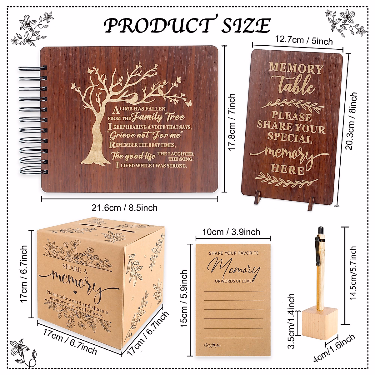 PREKIAR Funeral Guest Book Set Wooden Guest Books for Memorial Service Celebration of Life in Loving Memory with 50pcs Share a Memory Card Cards Box Table Sign and Pen (Brown- Guest Book Set #1)