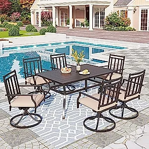 PHI VILLA 7 Pieces Patio Dining Set, 6 Patio Cushioned Swivel Rocker Chairs and 60” Large Rectangle Outdoor Metal Table with 1.57” Umbrella Hole for Deck,Lawn, Garden