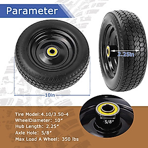 Upgraded 10" Flat Free Wheels Compatible with Garden Cart, 4.10/3.50-4" Replacement Solid Tires with 5/8″ Bearings, Solid Rubber Wheels for Garden Carts/Hand Truck-4PCS