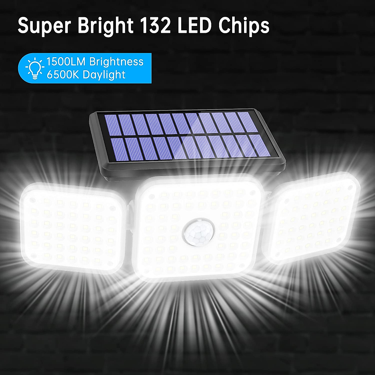 Solar Lights Outdoor, 132 LED 1500LM Solar Security Flood Lights with Remote Control, Wireless Motion Sensor Lights 3 Heads 270° Wide Angle Illumination IP65 Waterproof Wall Lights (2 Packs)