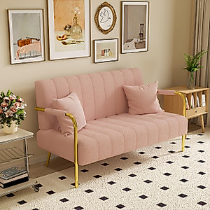 Klwenas Maec 59" Modern Cashmere Loveseat Sofa,Tufted Small Love Seat w/2 Pillows Golden Chrome Legs,2-Seater Upholstered Mini Sofa Couches for Small Space,Living Room Home Office (Pink)