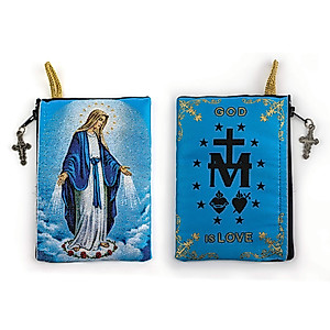 Catholic Rosary Pouch, Our Lady of Grace & Miraculous Medal Symbol, 4" x 6" Jewelry & Coin Purse with Cross, Small Woven Tapestry Icon Bag, Bolsa de Rosario Católico para Joyería