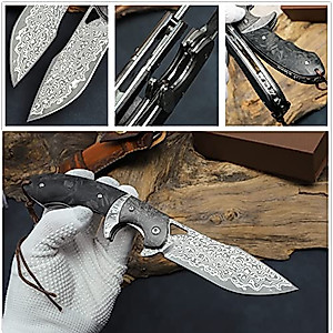 Minowe Handmade Damascus Steel Folding Knife with leather case，3.8in VG10 steel core blade,Steel ball bearings+Carbon Fiber handle，Tactical pocket knife Hiking carry EDC Knife