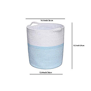 M Size Blue White Laundry Basket with Handles Toy Basket Clothes Hamper Home Decor Basket Towel Storage Woven Blanket Basket Cotton Rope Decorative Blanket Basket,Environmental Protection Material