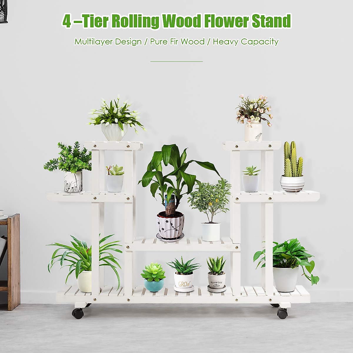 S AFSTAR Wooden Flower Rack with Wheels, 4-Tier Plant Stand, Multifunctional Bonsai Display Shelf for Living Room Balcony Patio Yard (White)