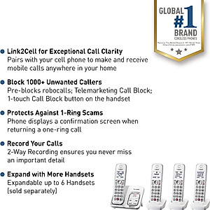 Panasonic Cordless Phone with Answering Machine, Link2Cell Bluetooth, Voice Assistant and Advanced Call Blocking, Expandable System with 4 Handsets - KX-TGD864W (White)