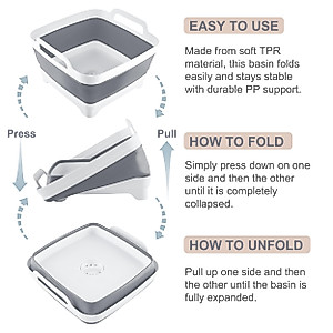 Goderewild 2.4 Gal(9L) Collapsible Dish Basin with Drain Plug, Space Saving Outdoor Multiuse Foldable Sink Tub, Dishpan, Kitchen Storage Tray for Camping, Vegetable Washing, RV