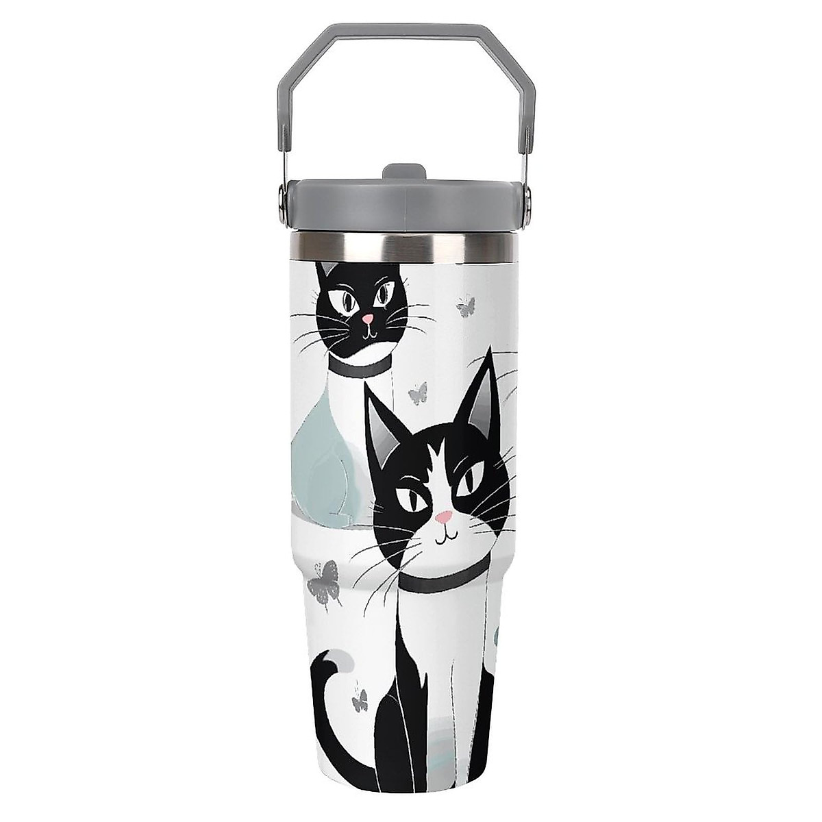 30oz Stainless Steel Insulated Tumbler with Flip Lid & Straw, Leakproof Travel Mug for Car, Black And White Cats Double Wall Vacuum Thermal Coffee Cup with Handle, Spill-Proof Design for Hot/Cold Drin