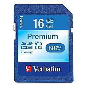 Verbatim 16GB Premium SDHC Memory Card, UHS-I V10 U1 Class 10, blue