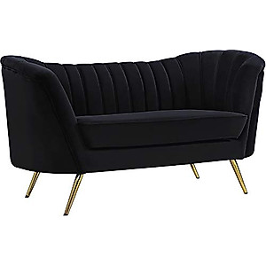 Meridian Furniture Margo Collection Modern | Contemporary Velvet Upholstered Loveseat with Deep Channel Tufting and Rich Gold Stainless Steel Legs, Black, 65" W x 30" D x 33" H