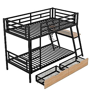 VilroCaz Multi-Functional Twin Size Metal Bunk Bed with Built-in Desk and Light, Metal Bunk Bed Frame with Safety Guardrail and 2 Storage Drawers, Trapezoid Design Bunk Bed for Kids Teens Adults
