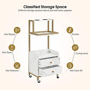 BarberPub Salon Trolley with Wheels Rolling Barber Cart with Drawers Marbled Board for Beauty Salon Metal Frame with 2 Hair Dryer Holders 2044 (White)