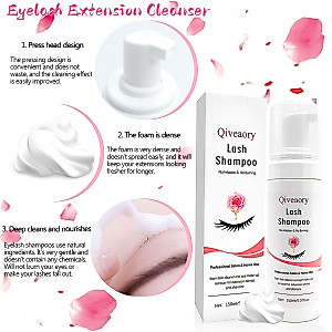 150ml/5.07fl.oz Eyelash Extension Cleanser, Lash Shampoo for Eyelash Extension Eyelash Brush with Cap USB Lash Fan Mascara Brush Wash Bottle Reusable Makeup Remover Pad, Paraben & Sulfate Free